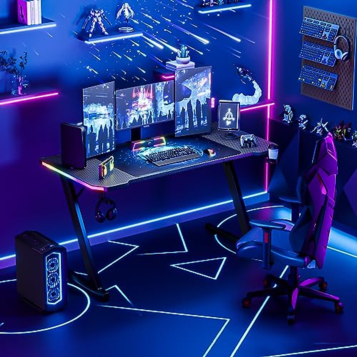 Kemon Gaming Desk with LED Lights, Z Shaped PC Gaming Table Computer Desk Ergonomic Home Office Desks, Carbon Fibre Surface Gamer Workstation with Mouse Pad, Cup Holder and Headphone Hook (63 inch)