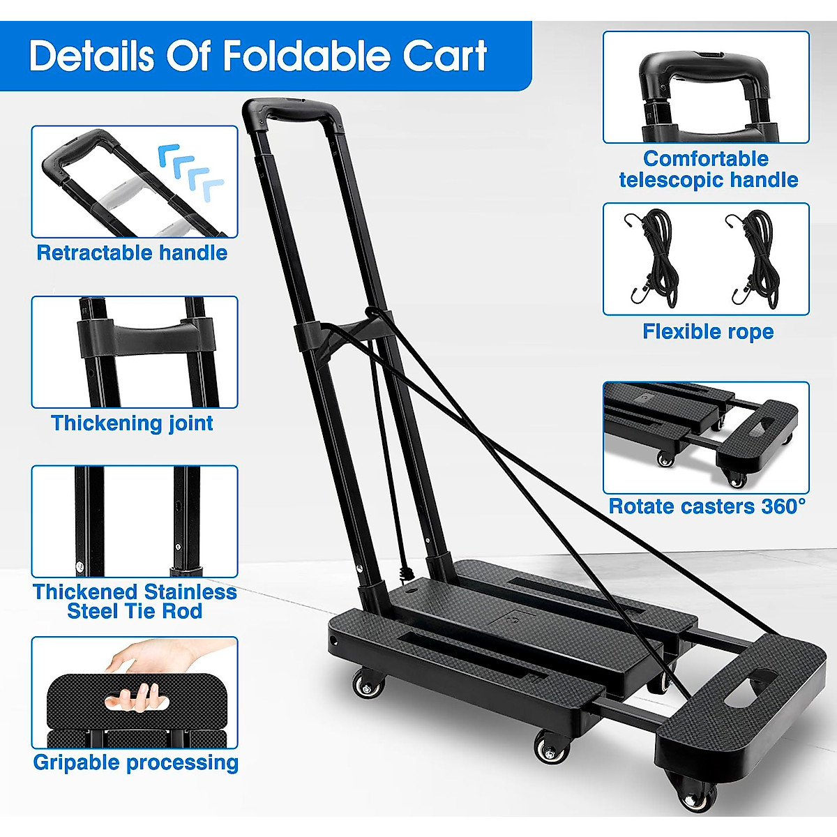 Hand Truck Dolly, Folding Hand Truck - Dolly Cart for Moving 500 LB Heavy Duty Luggage Cart with 6 Wheels & 2 Bungee Cords for Luggage, Travel, Moving, Shopping, Office (Black)