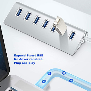 USB Hub, USB3.0 Splitter Docking Station with 7 Port for PC, Laptop, Keyboard, Mouse, Hard Disk Drive, Plug and Play