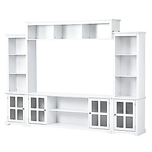 YISUYA Minimalism Style Entertainment Wall Unit with Bridge, TV Stand, Modern TV Console Table for TVs Up to 70”, Multifunctional TV Stand with Tempered Glass Door, Multifunctional TV Stand, White
