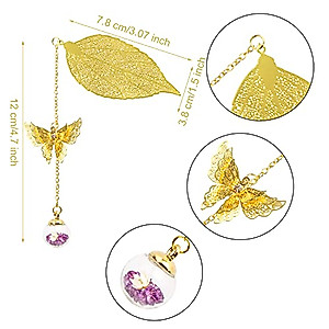 Penta Angel Metal Leaf Bookmark with 3D Butterfly Pendant Birthday Garduation Christmas Appreciation Gift Set for Teachers Students Book Lovers Readers (Gold, Purple White Flower)