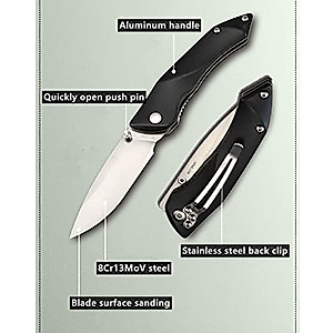 Black Folding Pocket Knife, 8cr13mov Stainless Steel Blade, Lightweight Aluminum Handle, Safety Liner-Lock, Belt Clip, Perfect for Camping, Hunting, Hiking, and Every Day Carry