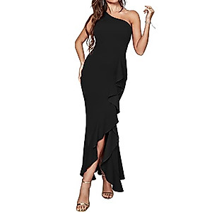 BTFBM Women One Shoulder Dresses Sleeveless Cocktail Bodycon Mermaid Ruffle Side Split Formal Party Long Evening Dress(Solid Black, Small)