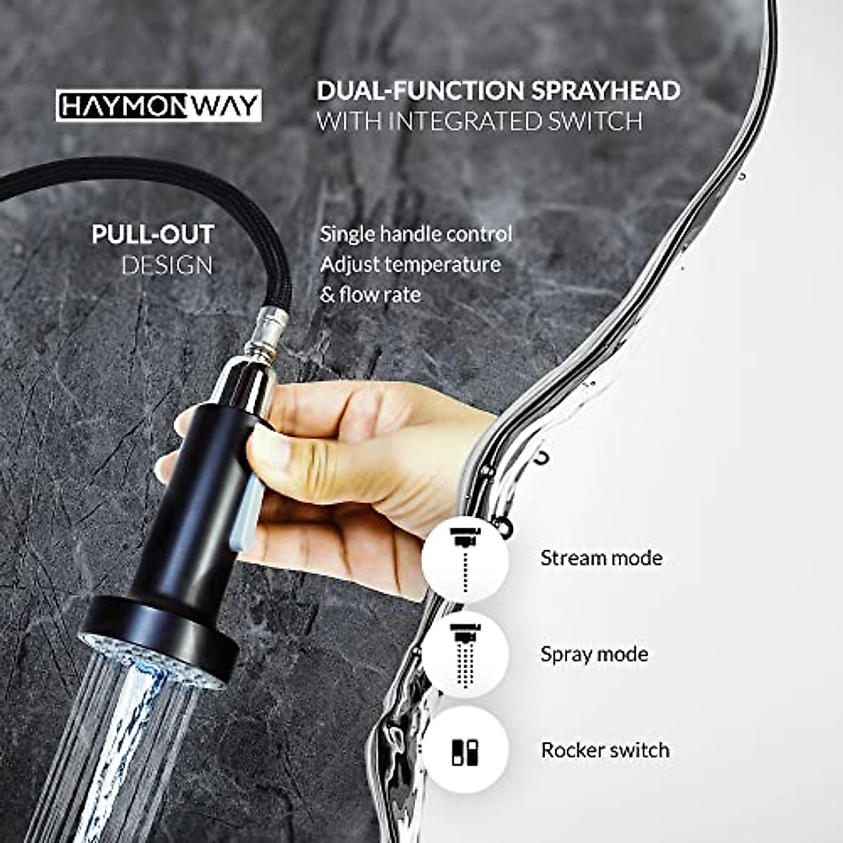 Haymonway Black Kitchen Faucet - Stainless Steel Kitchen Faucets with Pull Down Sprayer - 2 Functions & 360 Degree Kitchen Sink Faucet - Faucet for Kitchen Sink - 1 or 3 Hole Dual Function