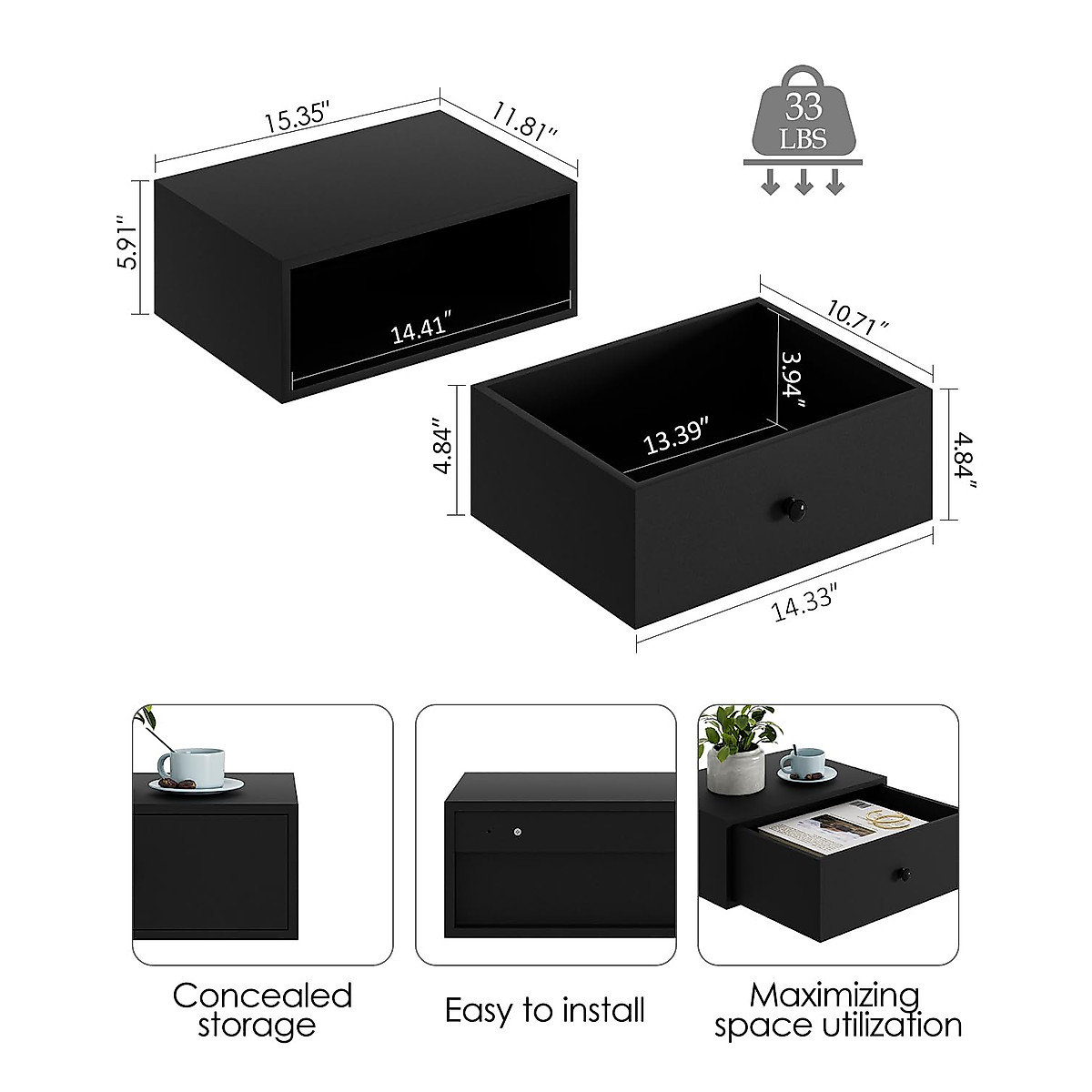 Aienvey Floating nightstand, Floating Shelf with Drawer, Wall Mounted Nightstand, Floating Bedside Table (Black)