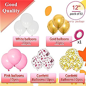 Pink White Gold Latex Balloons Kit 12 Inch, Pink Gold Confetti Balloons Party Decoration Supplies for Girl‘s Birthday Baby Shower valentines day.51pcs…