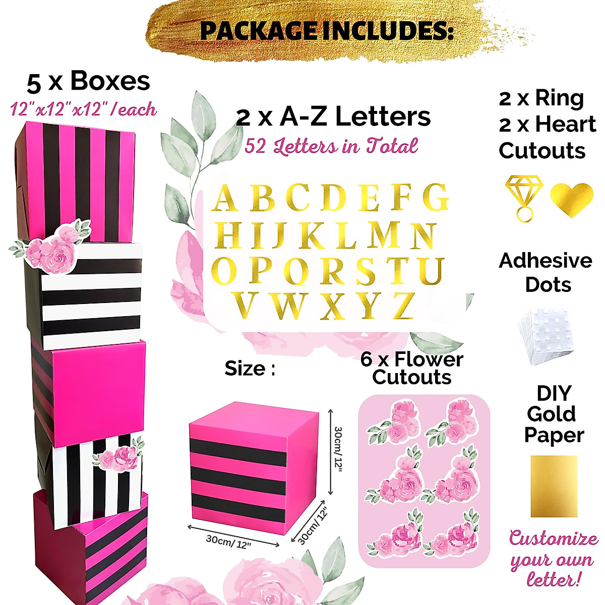 Hot Pink Party Decorations for Birthday, Bachelorette, Bridal or Baby Shower - 5 Boxes Blocks, 52 PC Letters for Custom NAME and 6 Flower Cutouts. Pink Rose Black White - Kate Spade Inspired