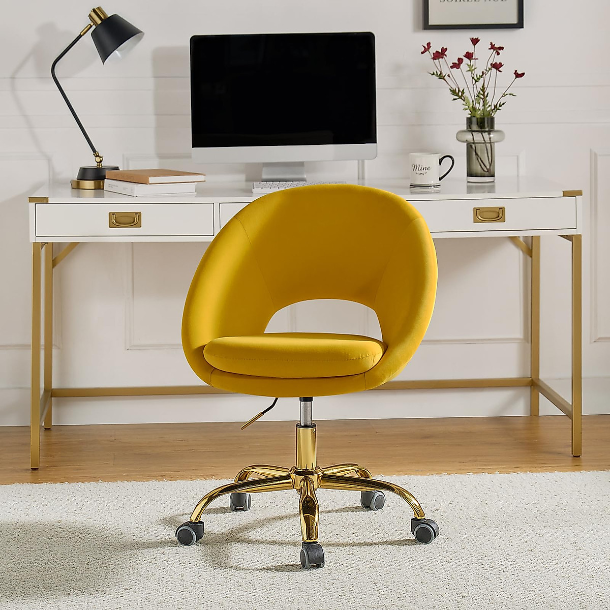 TINA'S HOME Modern Velvet Office Chair with with Adjustable Swivel, Comfy Upholstered Desk Chair with Open Back, Small Cute Chair for Living Room Study Vanity, Yellow