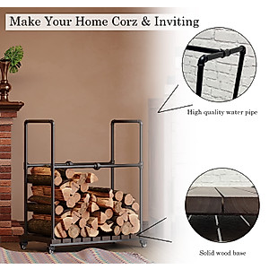 THRONKENGER Rustic Firewood Rack Industrial Style Firewood Holder with Lockable Wheels,Log storage with Solid Wood Base for Outdoor Indoor Fireplace (C)