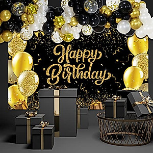 Rubfac Black and Gold Birthday Decorations Happy Birthday Backdrop with 120pcs Black and Gold Balloon Garland Kit Photo Backdrop Background for Birthday Party Decoration Supplies