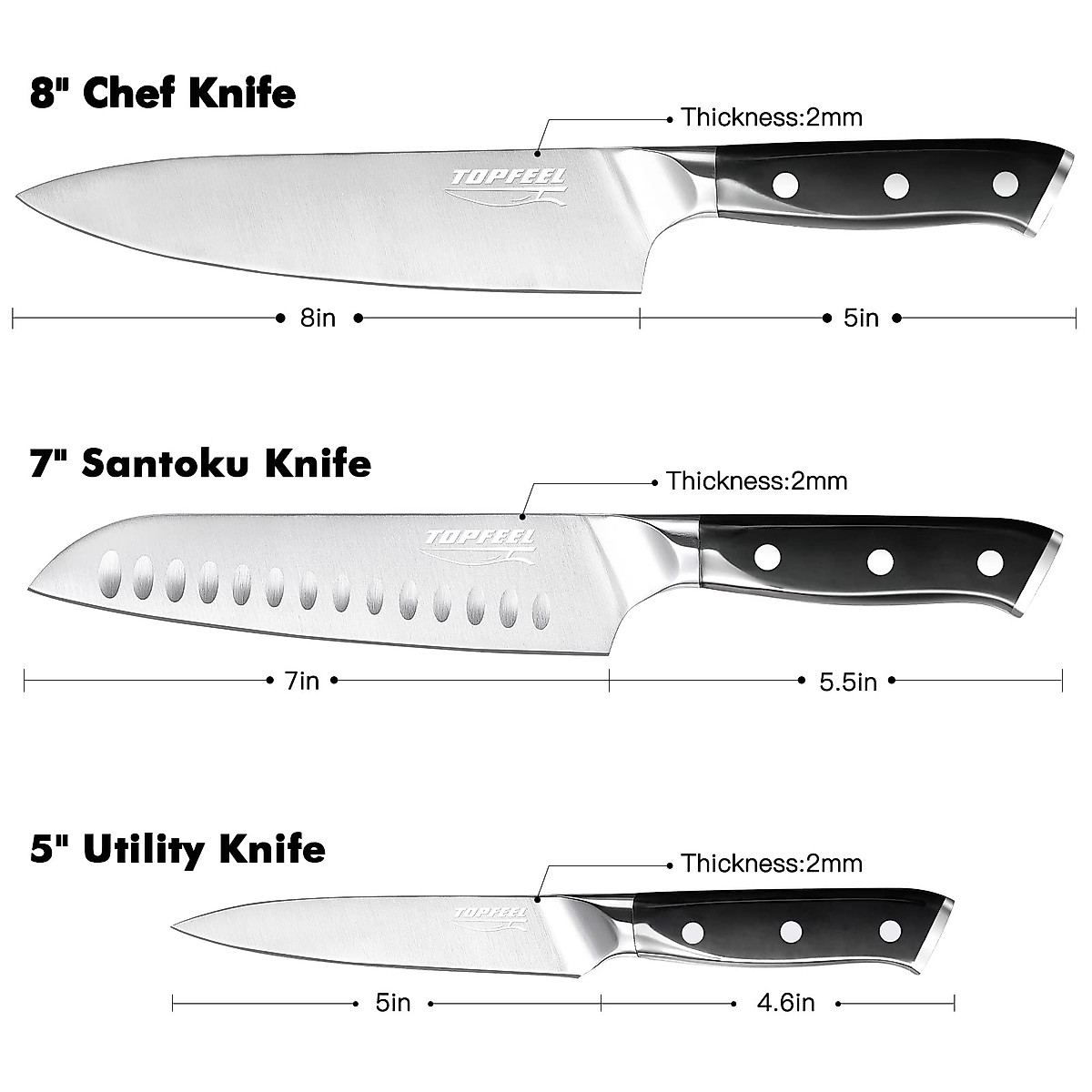 Topfeel Professional Chef Knife Set Sharp Knife, German High Carbon Stainless Steel Kitchen Knife Set 3 PCS-8" Chefs Knife &7" Santoku Knife&5" Utility Knife, Knives Set for Kitchen with Gift Box