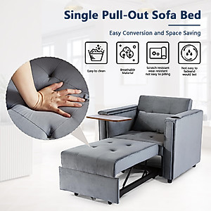 weselon Velvet Convertible Chair Bed, 3 in 1 Multi-Functional Lounge Chair Sleeper, Pull Out Couch Guest Bed with Hidden Table and Adjustable Backrest for Living Room Small Space Apartment (Gray)