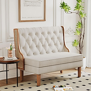 Andeworld Loveseat Settee Bench with Natural Rattan Arms,Upholstered Modern High-Back Mini Sofa Couch,Banquette Dining Bench Love Seat for Living Dining Room Bedroom Office Small Space Entryway,Ivory