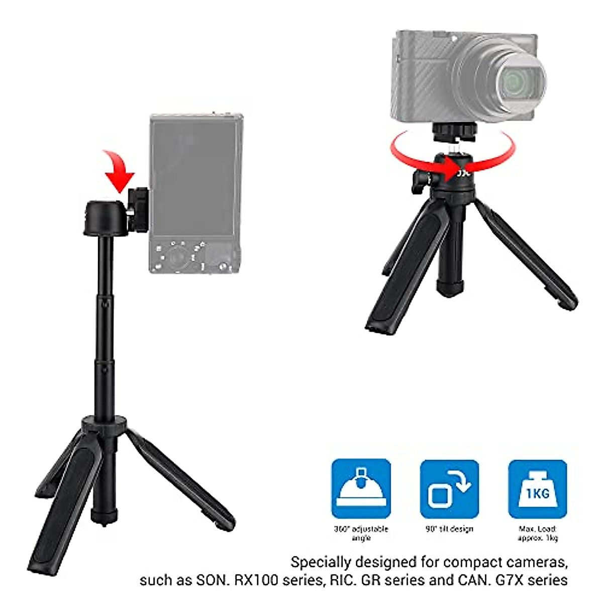 JJC 2 in 1 Extendable Mini Vlogging Tripod & Selfie Stick for Sony ZV-1F ZV-1 ZV-E1 RX100 VII A6000 A6100 A6300 A6400 A7C Canon EOS M50 M6 Mark II R7 R10 G7X Mark III II Panasonic G100 GX85 G9 & More