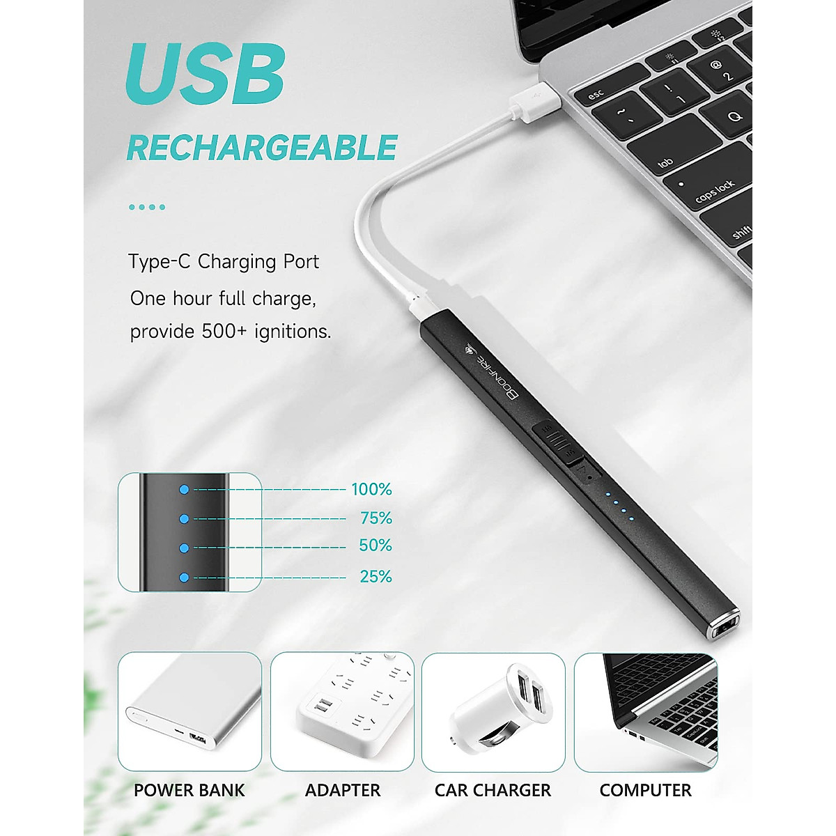 Candle Lighter, Electric Rechargeable Arc Lighter with LED Battery Display Portable USB Charging Flame-Less Windproof Lighters for Light Candles Gas Stoves Camping Barbecue(Black)