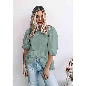 REDMORE Womens Summer Peplum Tops Loose Casual Tunic 2023 Balloon Sleeve Blouses Crew Neck Cute Shirts Light Green