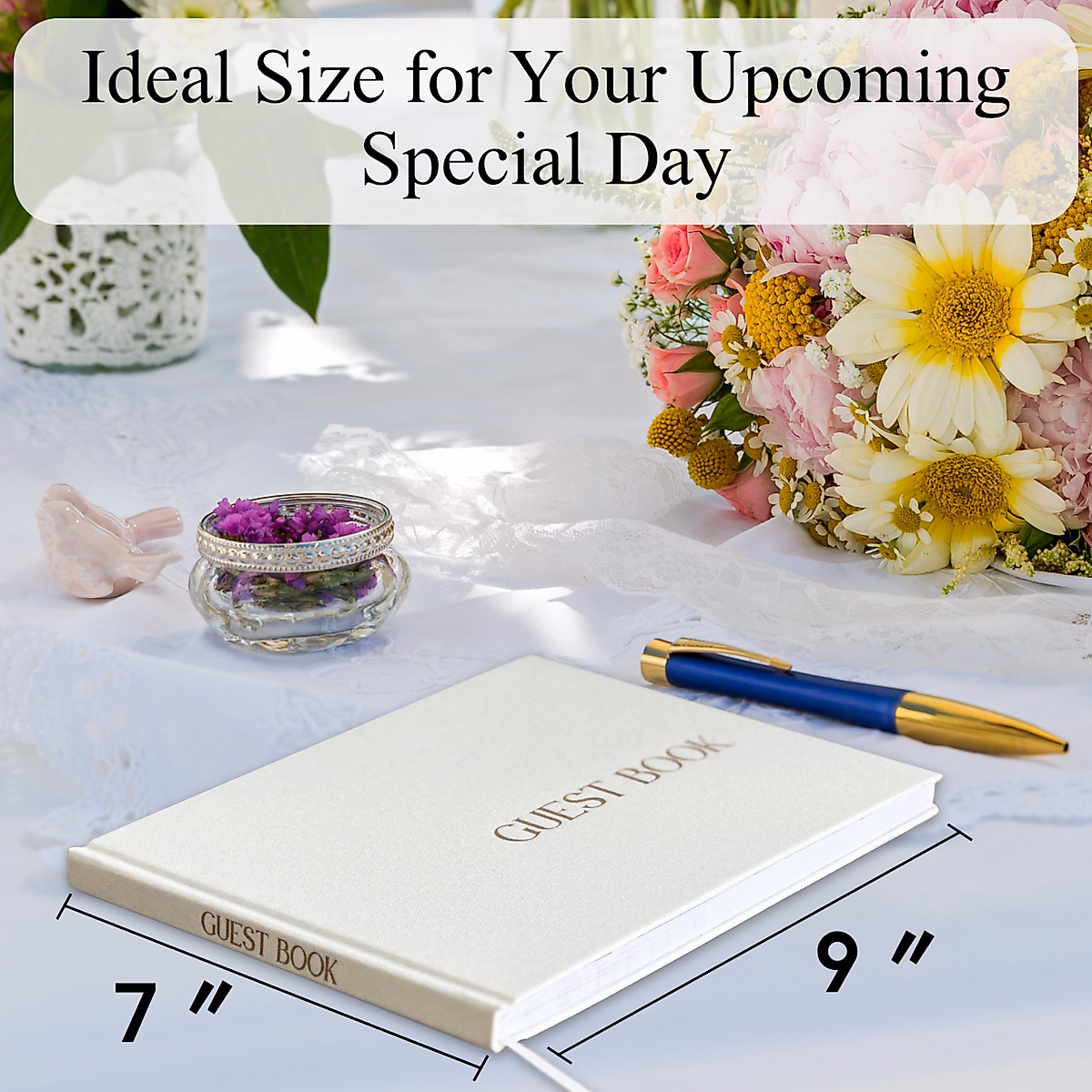 EBEGEE Wedding Guest Book for Wedding Reception, Elegant 9 x 7inch Baby Shower Guest Book with Polaroid Photo Pages and Registy Pages, Gold Foil Lettering Linen Cover, Perfect for Any Celebration