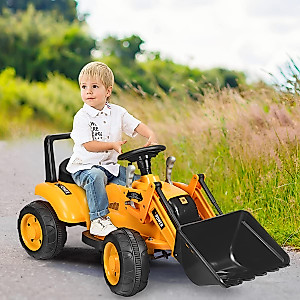 HONEY JOY Ride On Excavator, 6V Battery Powered Wheeled Loader Digger with Working Front Bucket, Forward/Backward, Electric Construction Vehicle for Kids, Ride On Tractor for Boys Girls, Yellow