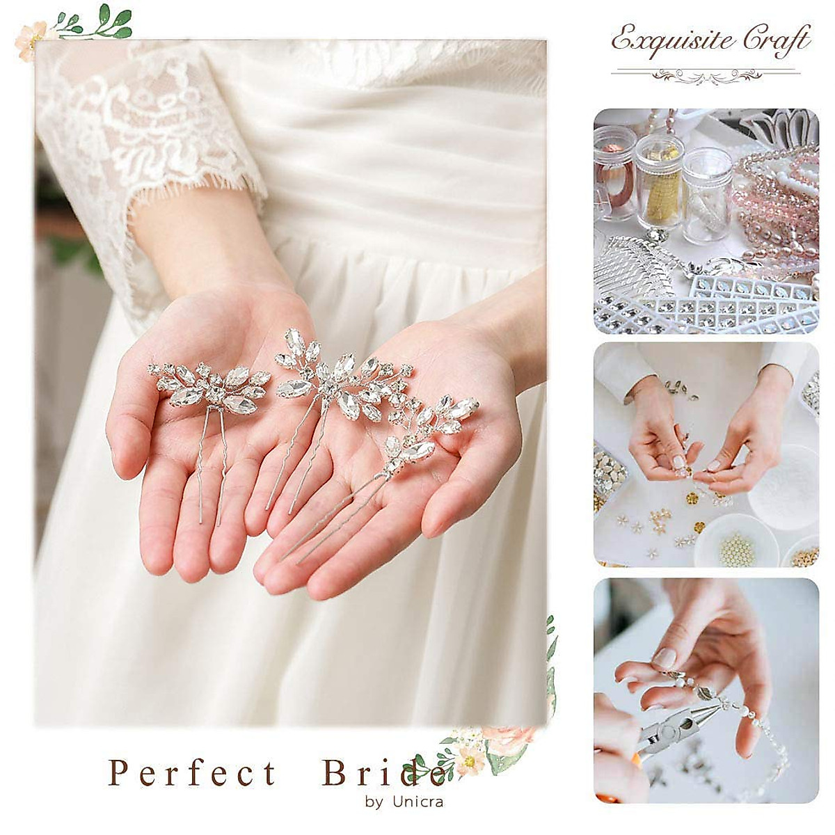 Unicra Bride Wedding Crystal Hair Pins Flower Bridal Hair Pieces Wedding Hair Accessories for Women and Girls Pack of 3 (Silver)