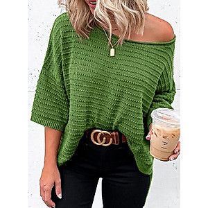Dokotoo Womens Fashion Juniors Fall Summer Shirts and Blouses for Women 2024 Pullover Sweaters T-Shirts Off Shoulder 3/4 Sleeve Tunic Tops Loose Tee Shirts Light Green Medium