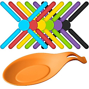6 Pack Non-Slip Foldable Silicone Trivets, SourceTon Collapsible Cross Design Silicone Trivets in Cute Colors, Silicone Pot Holder, Hot Pad, Pot Holder, Free Bonus Spoon Rest/Balloon Whisk Rest