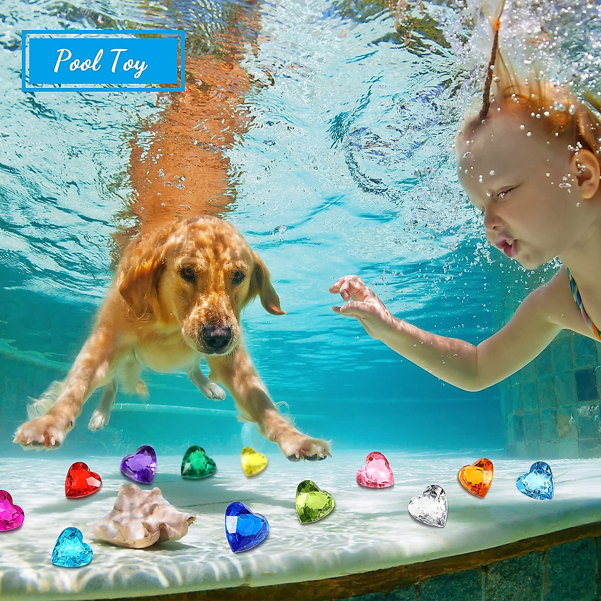 Hicarer Diving Gem Pool Toys Colorful Diamond Crystal Acrylic Heart Shape Gems Summer Underwater Swimming Pool Toys Swimming Training Gift for Kids Boys Girls Prize(30 Pieces)