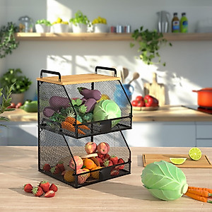 PUPPYCUTE Stackable Wire Basket with Bamboo Top, Wall Mounted Kitchen Counter Pantry Organization and Storage, Cabinet Countertop Space Saving Organizing Produce Fruit Onion Potato Organizer Bin 2 Set