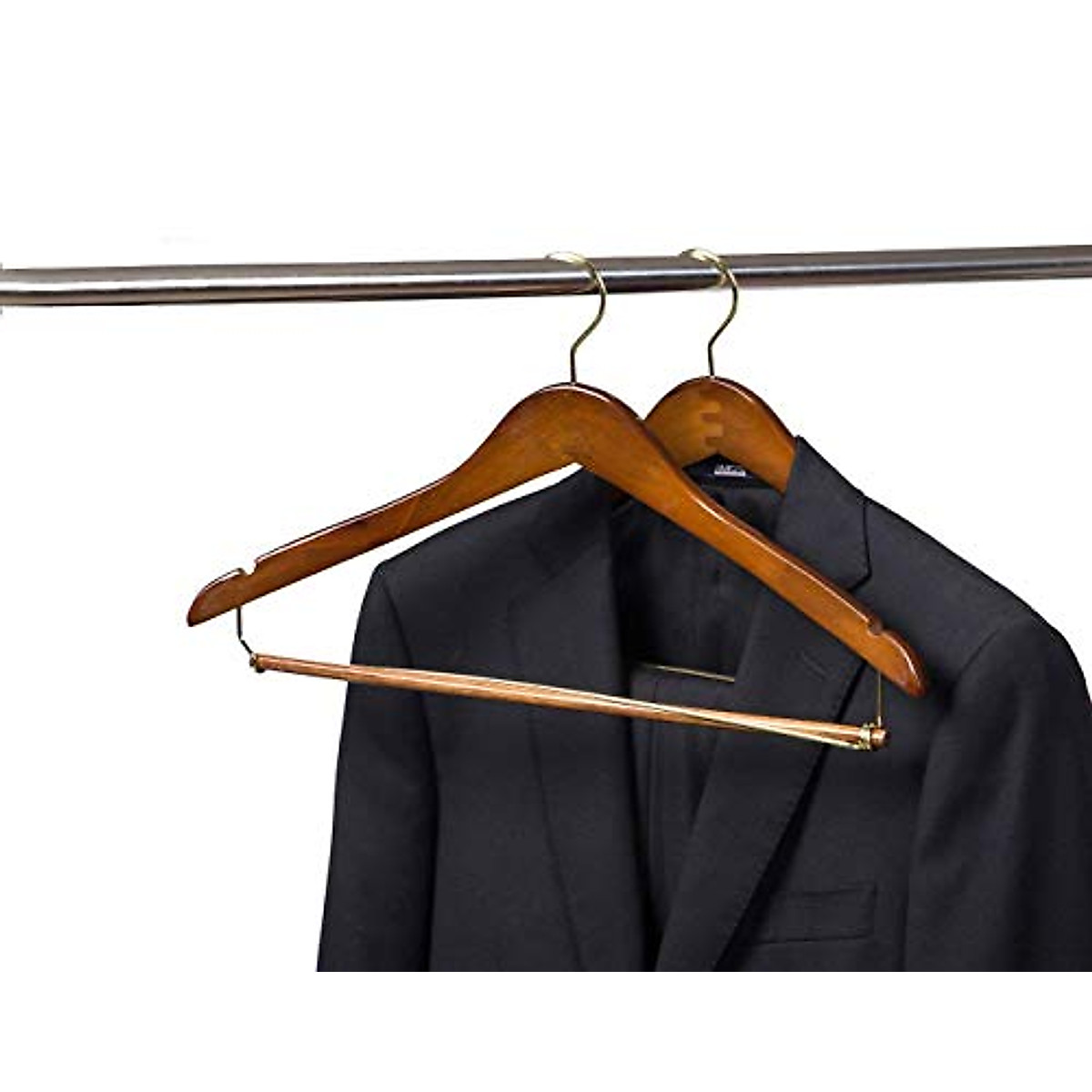 10 Quality Hangers Curved Wooden Hangers Beautiful Sturdy Suit Coat Hangers with Locking Bar Gold Hooks Walnut Finish (10)