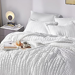 CozyLux King Comforter Set with Sheets White Seersucker Bed in a Bag 7-Pieces All Season Bedding Sets with Comforter, Pillow Sham, Flat Sheet, Fitted Sheet, Pillowcase