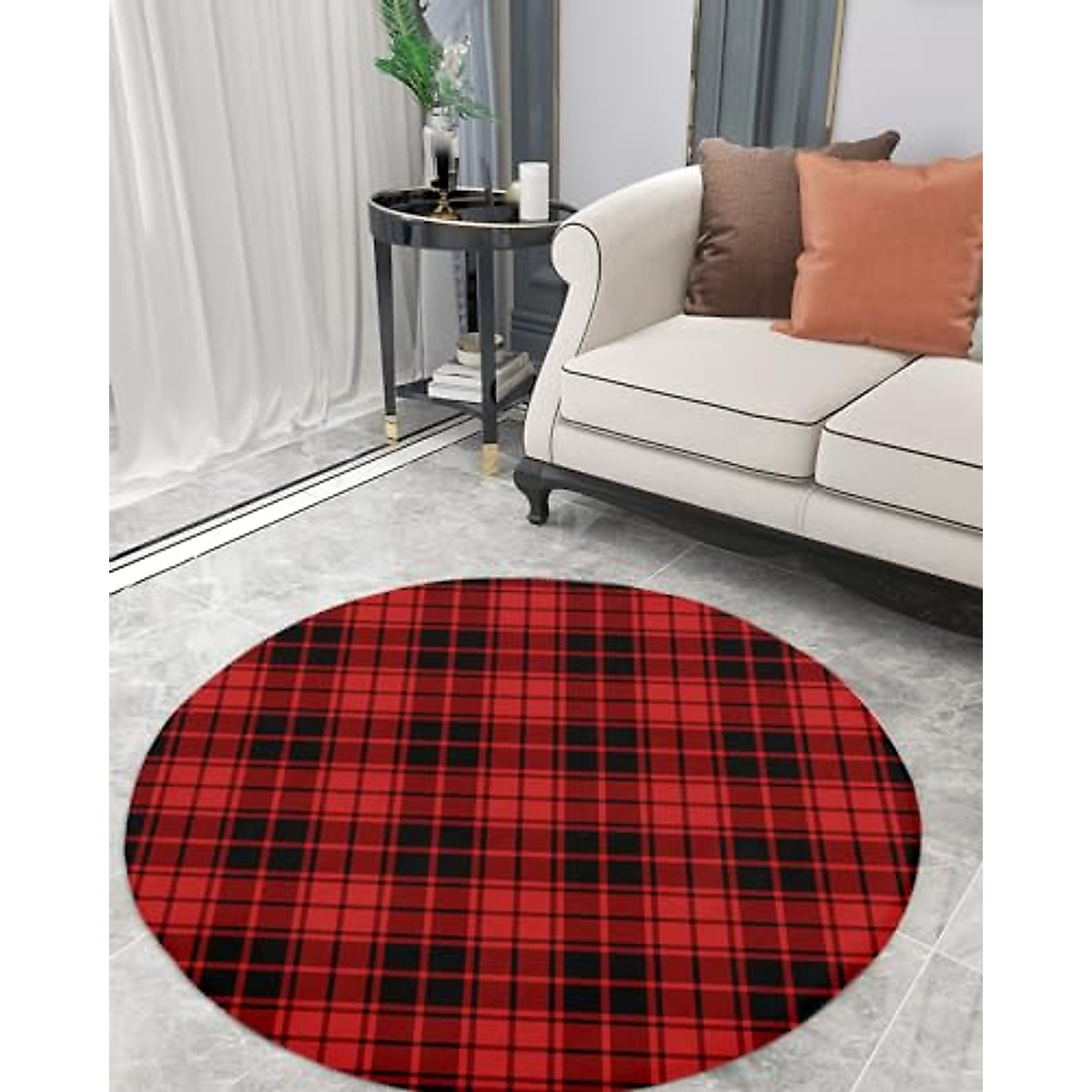Christmas Fluffy Round Area Rug Carpets 3.3ft, Plush Shaggy Carpet Soft Circular Rugs, Non-Slip Fuzzy Accent Floor Mat for Living Room Bedroom Nursery Home Decor Buffalo Plaid Red Black Lattice