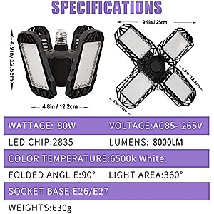 2-Pack LED Garage Lights 80W Garage Lighting - 8000LM 6500K Deformable LED Garage Ceiling Lights, LED Shop Light with Adjustable Multi-Position Panels, LED Light for Garage, Workshop, Basement