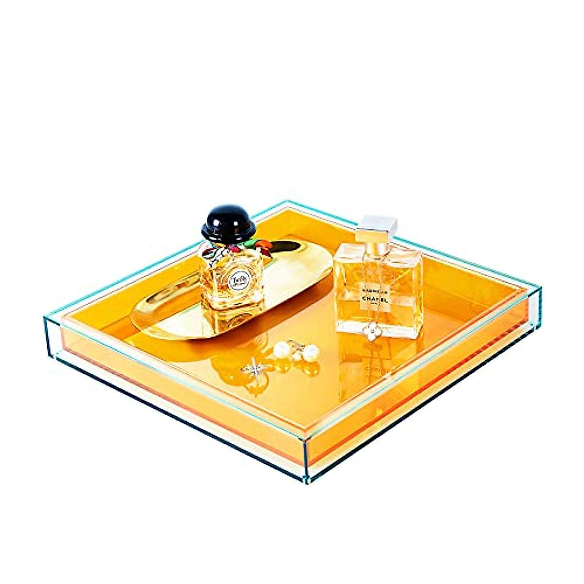 Acrylic Decorative Tray-Jewelry Perfume Makeup Storage Organizer for Vanity, Dresser, Bathroom, Living Room, Coffee Table (Orange)