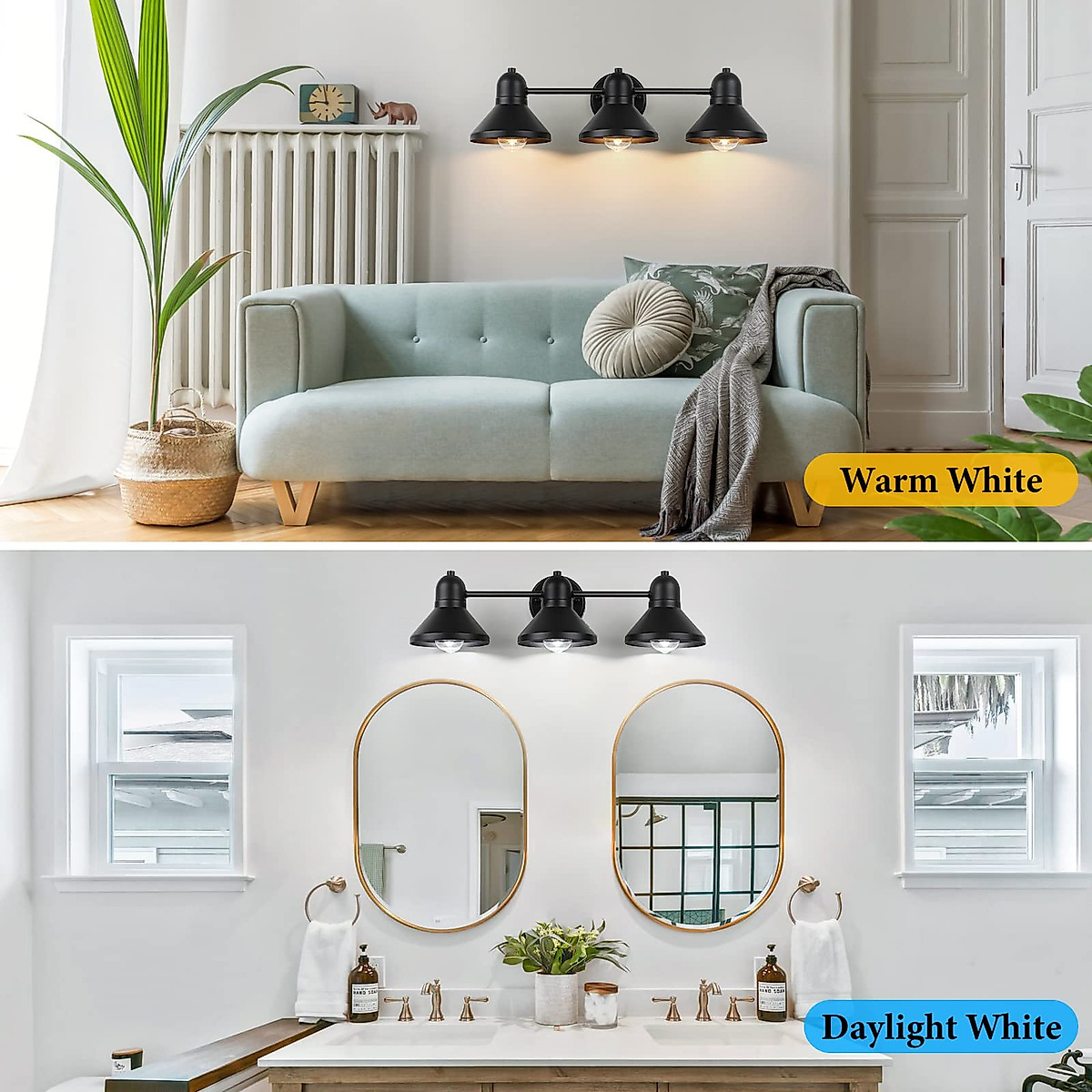 Bathroom Light Fixtures, 3-Light Vanity Light Over Mirror, Matte Black Metal Bathroom Light, Modern Farmhouse Rustic Industrial Indoor Wall Mount Lighting Sconce for Living Room Cabinet Hallway