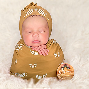 4 Pieces Light Yellow Rainbow Baby Swaddle Set Muslin Baby Swaddle Blanket Matching Hat Bow Headband Wooden Birth Announcement Card for Hospital Newborn Boy Girl 0-3 Months Receiving (40 x 40 Inch)