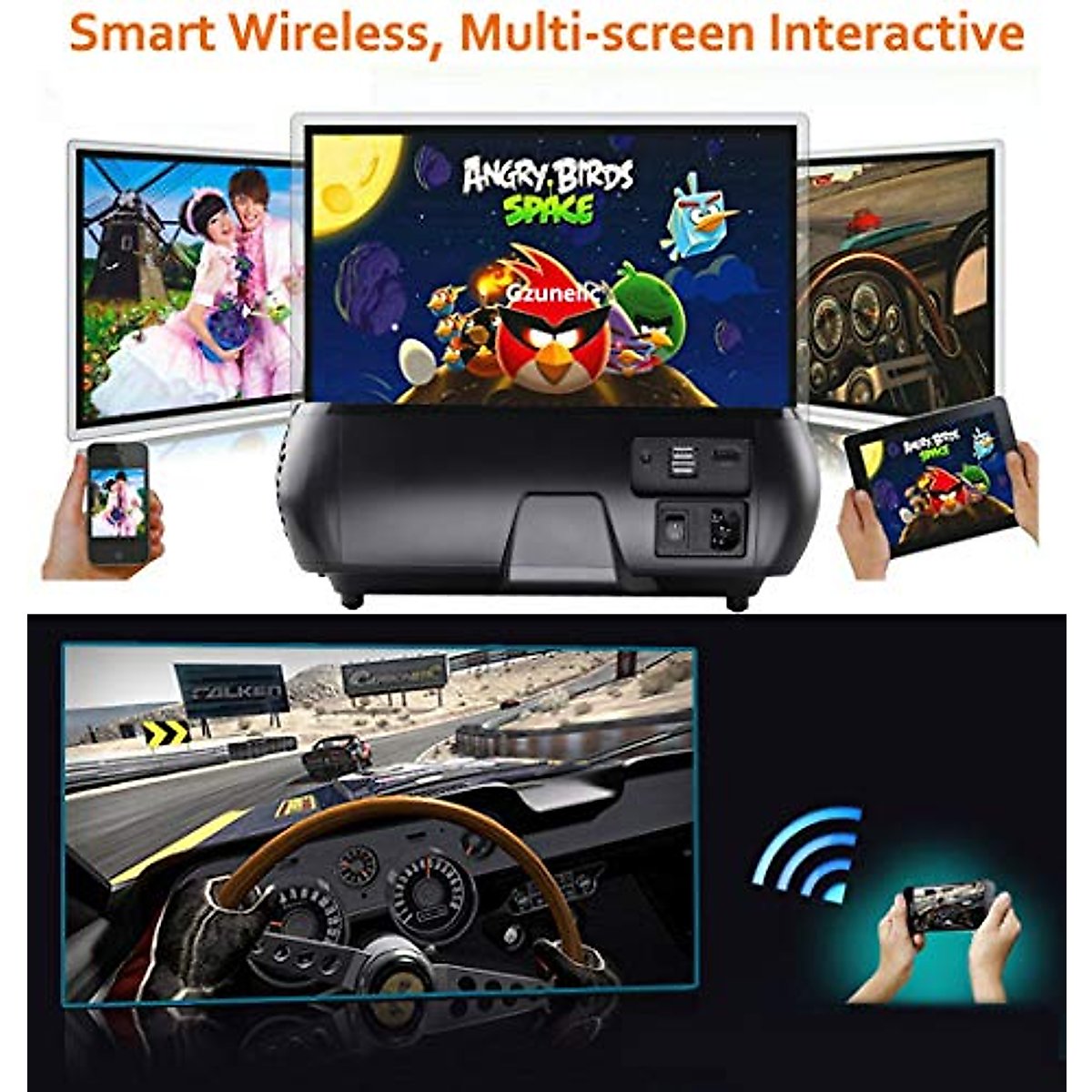 Native 1080P Smart Projector - Gzunelic 9500 Lumens Android Wi-Fi Bluetooth Projector, ±50° 4D Keystone Correction, X/Y Zoom, 10000:1 Contrast, LED Video Proyector Wireless Mirror for iPhone 、Android
