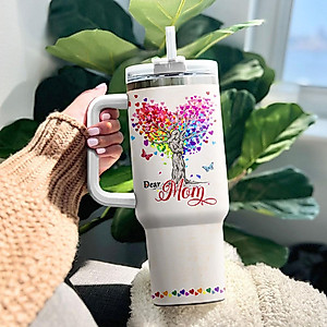 99WHALE Dear Mom Tree Color, Tumbler 40 Oz With Handle Lid And Straw, Mom Gifts, For Tumblers Mommy Modern Be Cups Heart Butterfly Day Straws Mama Simple Handle Momma Insulated