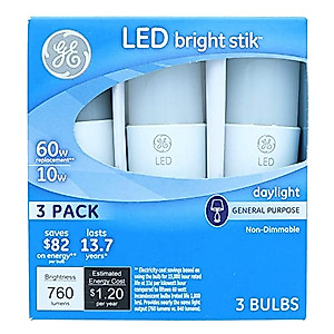GE Lighting 79369 LED Bright Stik 10-watt (60-Watt Replacement), 760-Lumen Light Bulb with Medium Base, Daylight, 1 Box (3 Bulbs Total)