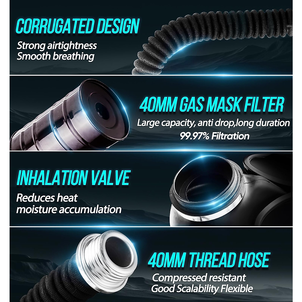 NBWAN Gas Respirator Mask with 40mm Activated Carbon Filter & Supply Air Hose, Gas Masks Survival Nuclear and Chemical Military Grade, Respirator Mask for Chemicals, Dust, Paint Spray, Organic Vapor