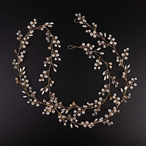 Denifery Bridal Hair Vine Wedding Head Piece (Gold, Extra Long Pearl and Crystal Beads, Headband, Women, 1 Count, 1 Piece, 0.07 pounds, Gold Color, Adult Occasion, Wire Material, Hair Styling)