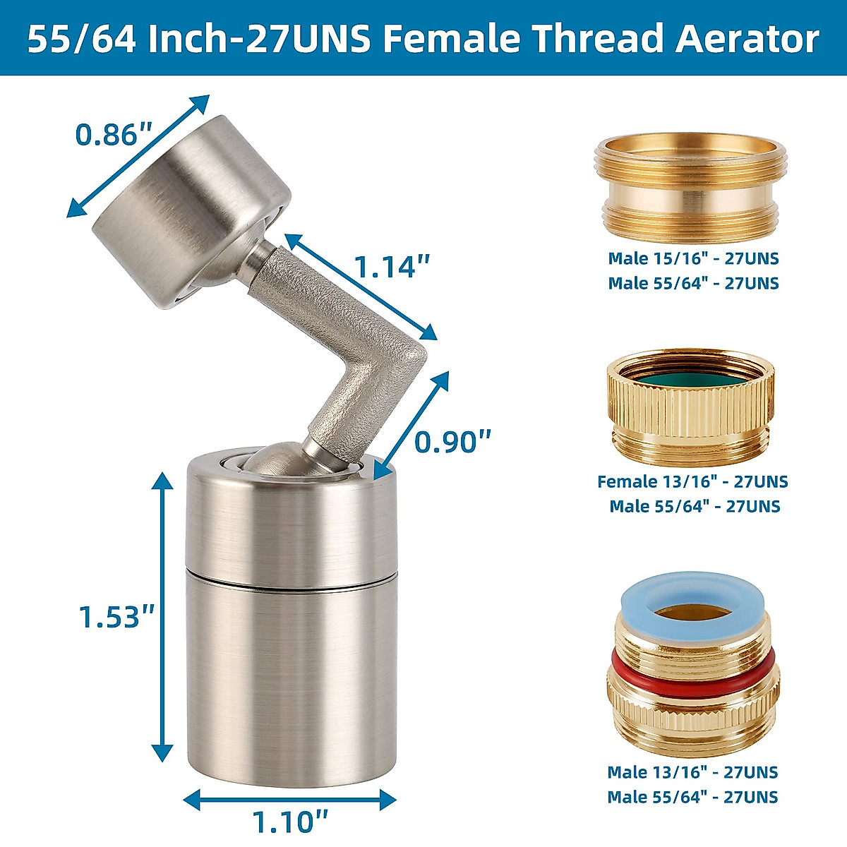 2-Flow Bathroom Faucet Aerator with 3 Adapters, 720-Degree Swivel Female Thread Faucet Aerator with Male Adapter, Water Saving Kitchen Sink Aerator, Brushed Nickel Faucet Extender Attachment