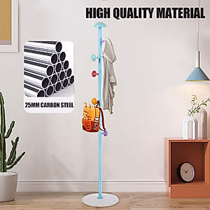 YarkeeSky Mushroom Coat Rack, Free Standing Hall Coat Tree with 7 Mushroom Hooks, 2 Adjustable Height Metal Coat Tree Clothes Hanger for Entryway, Hallway, Bedroom, Blue