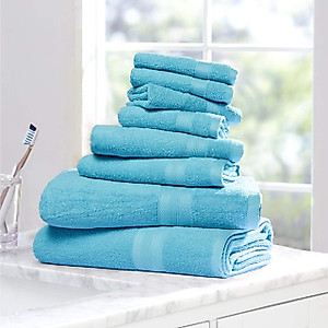 BOUTIQUO 8 Piece Towel Set 100% Ring Spun Cotton, 2 Bath Towels 27x54, 2 Hand Towels 16x28 and 4 Washcloths 13x13 - Ultra Soft Highly Absorbent Machine Washable Hotel Spa Quality - Turquoise Blue