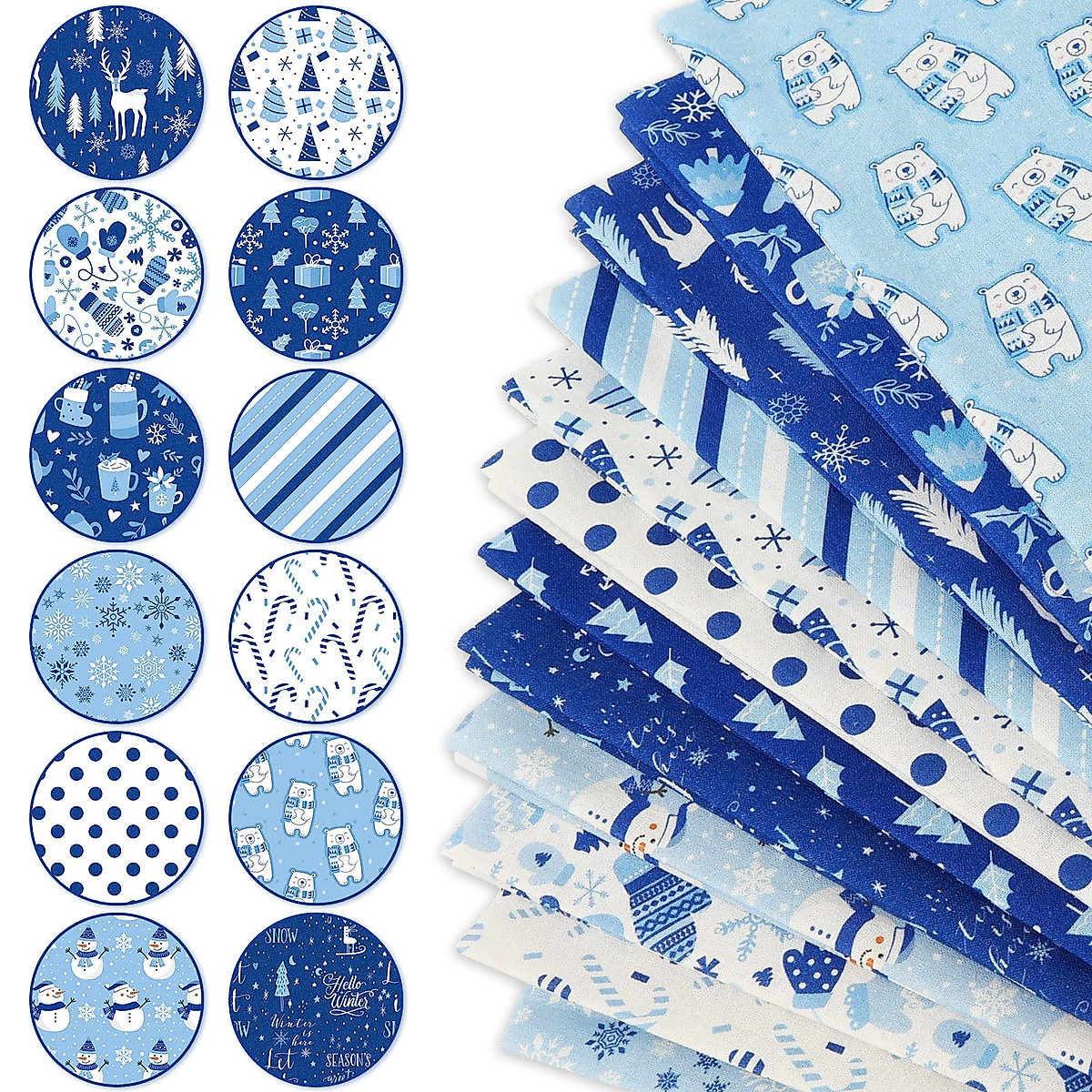Whaline 12Pcs 18" x 22" Christmas Fat Quarter Fabric Bundles Winter Blue White Snowflake Reindeer Printed Quilting Patchwork Cotton Craft Fabric Pre-Cut Square Sheets for DIY Patchwork Sewing Crafting