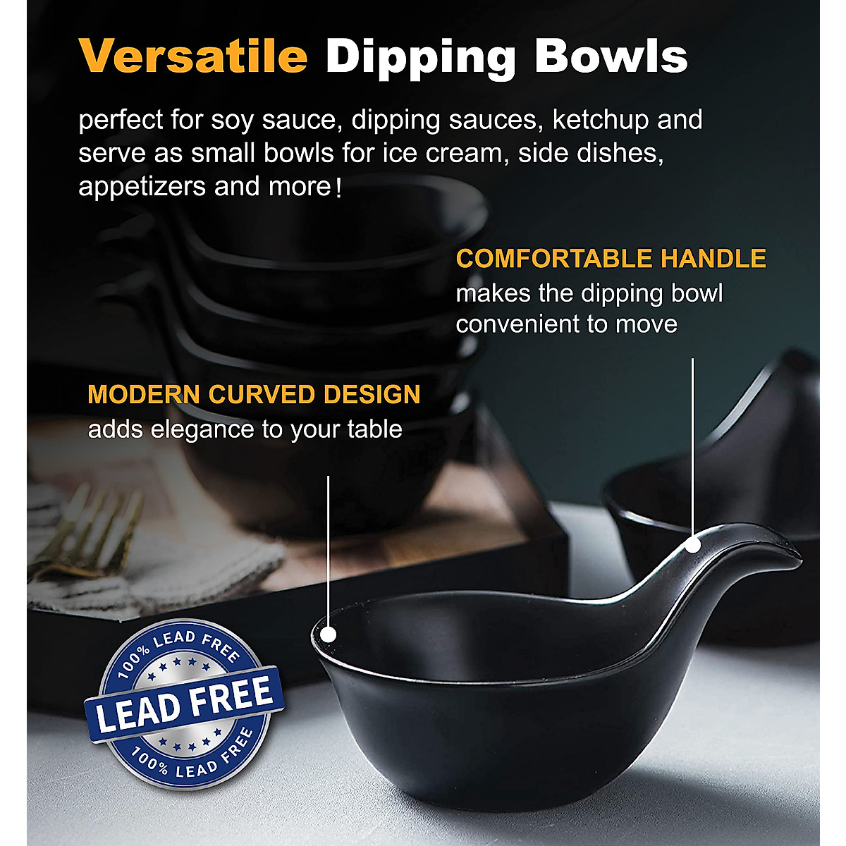 Bruntmor Matte Glazed Set Of 6 Side Dish Porcelain Dip Bowl Set with Handle, for Soy Sauce, Ketchup, Appetizer, For BBQ and Dinner, 3 ounce, Black