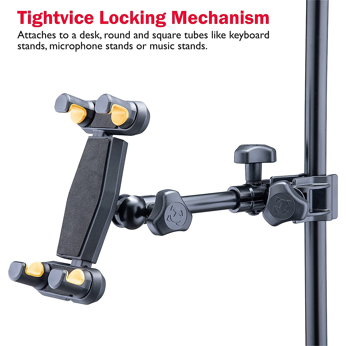 Hercules DG307B Adaptive Series 2-in-1 Smartphone/ Tablet Holder, 6.1” to 13”, Attaches to Desk, Round & Square Tubes, w/ a Lumintrail Cleaning Cloth