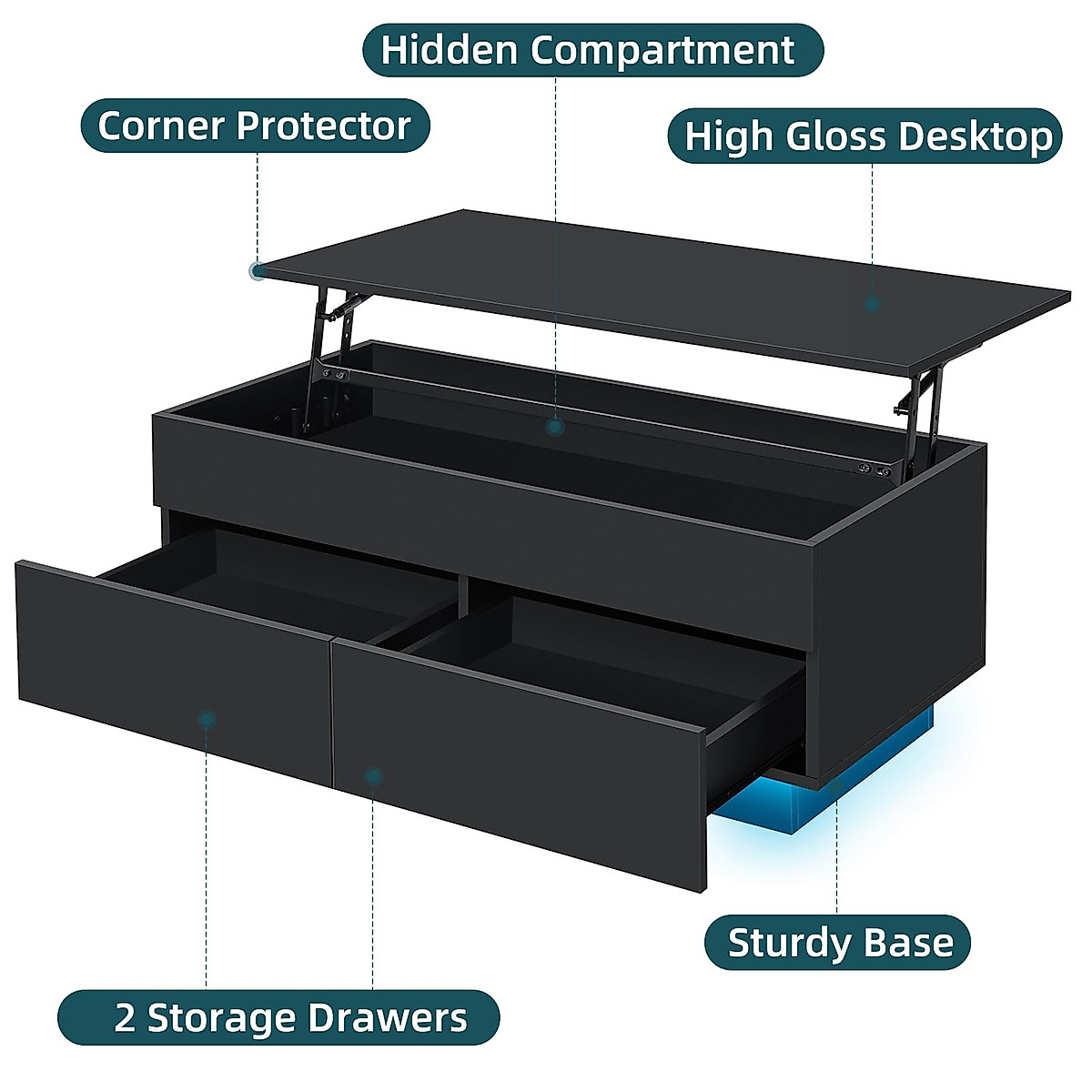 HOMMPA 40'' Lift Top Coffee Table for Living Room, Black Coffee Tables with Storage, LED Modern Coffee Table Rectangular Black Gloss, Flip Top Center Table with 2 Drawers and Hidden Compartment