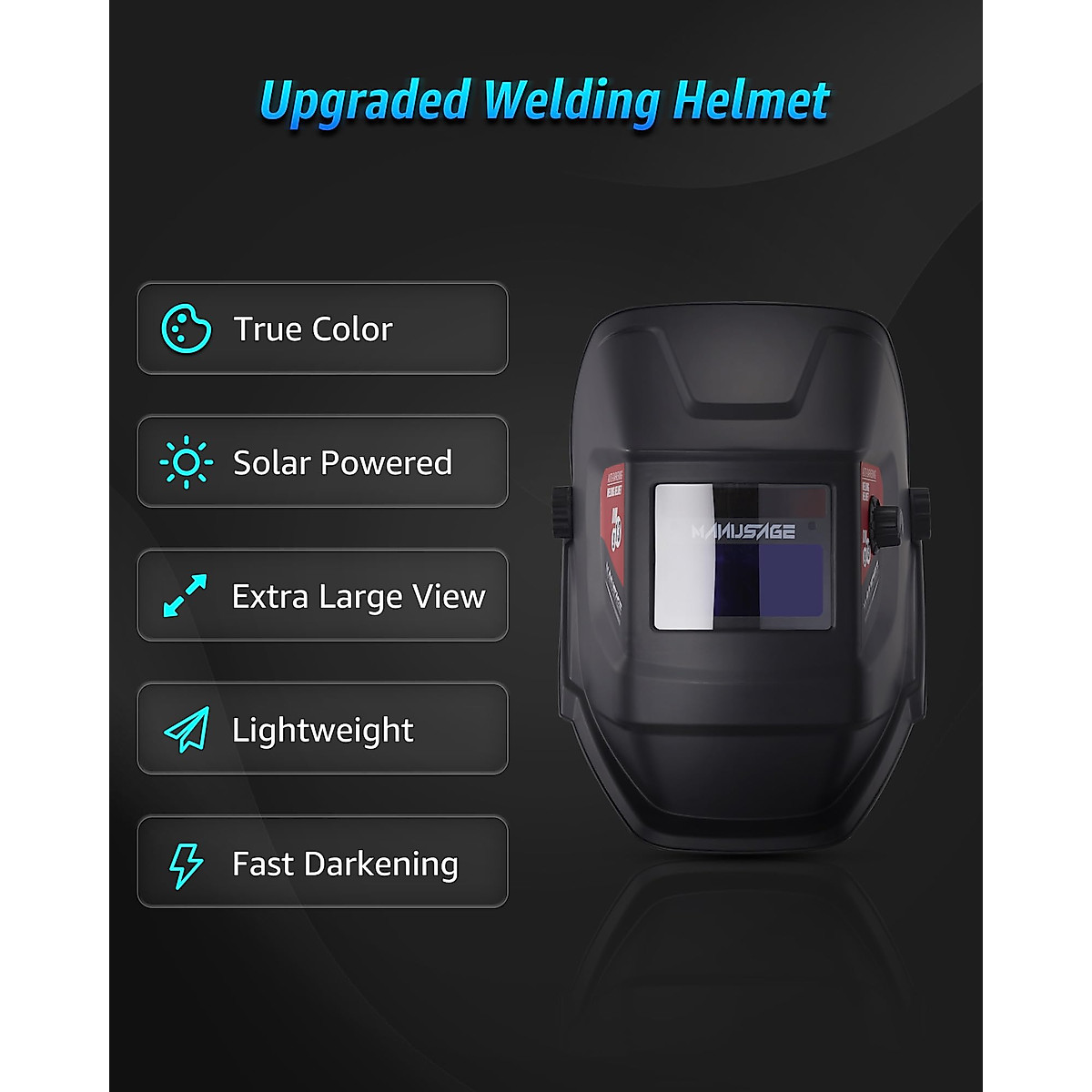 MANUSAGE Auto Darkening Welding Helmet for Men, Welding Hood Auto Darkening Has Dual Power Supply with Solar and Lithium Battery, Welding Mask True Color Shade 9-13 Ideal for Mig Tig ARC (M380SE)