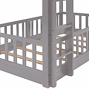 RORIGAT Twin Over Twin Floor Bunk Bed with Slide and Ladder, Low Bunk Bed for Kids Boys Girls Teens, Gray