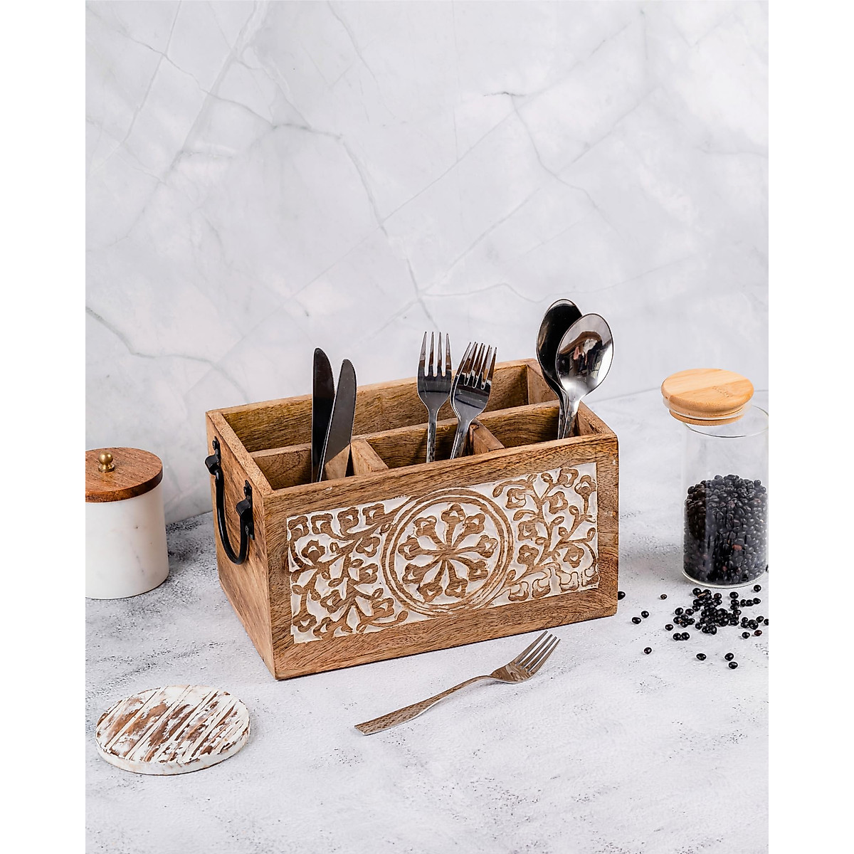 Mie Creations 4 Compartment Wooden Silverware Caddy Utensil Holder, Farmhouse Cutlery Flatware Organizer, Decorative Wood Caddy with Metal Handles for Kitchen Countertop, Picnic, Buffet Party- White