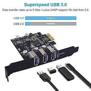 PCI-E to USB 3.0 4 Ports(1 X USB-C - 3 X USB-A) Expansion Card, PCI Express USB Add in Expansion Card, Internal USB3 Hub for Desktop PC Host Card Support Windows 10/8/7/XP and MAC OS 10.8.2 Above